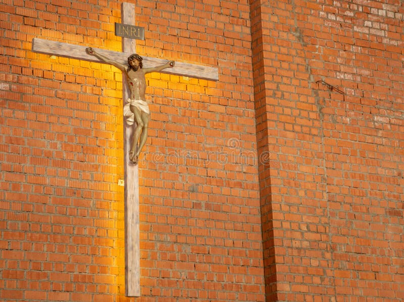 Jesus Crucifix Front Stone Brick Wall Stock Photos - Free & Royalty ...