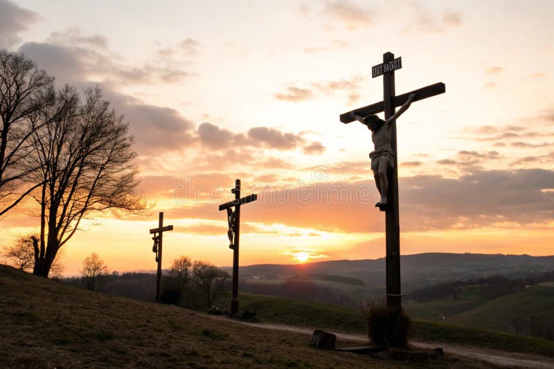 Jesus Easter Cross at Sunset Stock Illustration - Illustration of ...