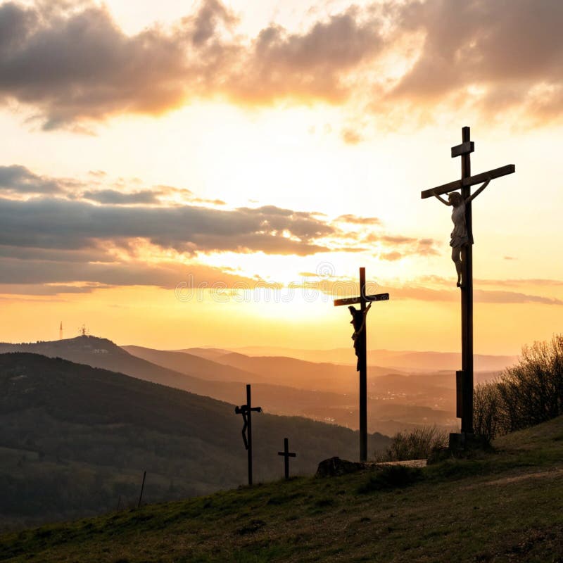 Jesus Easter Cross at Sunset Stock Illustration - Illustration of cross ...