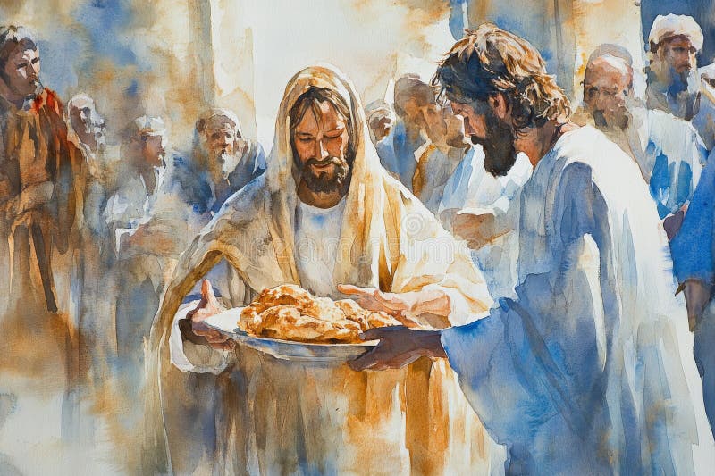 Jesus Feeding the 5,000, Breaking Bread and Distributing it To the ...