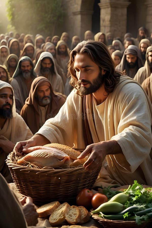 A Biblical Scene of Jesus Feeding the Multitudes Stock Illustration ...