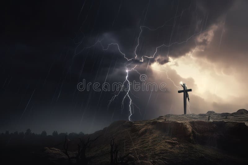 Jesus on Golgotha with Darkened Sky and Lightning Effect Copy Space ...