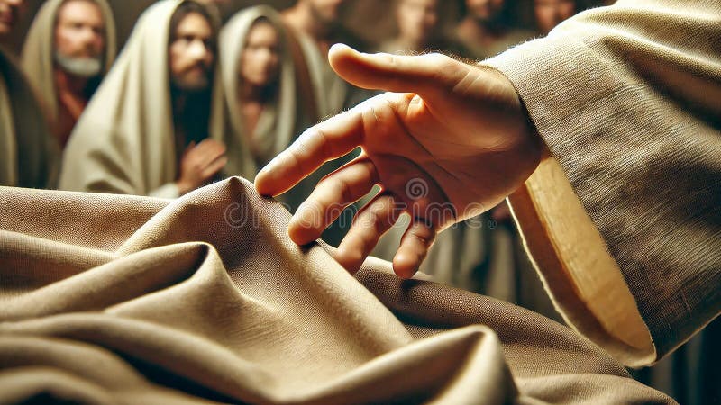 Jesus Hand Gently Touching the Hem of a Woman Garment Stock ...