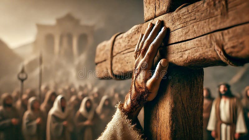 Jesus Hand Resting on a Wooden Cross Stock Illustration - Illustration ...