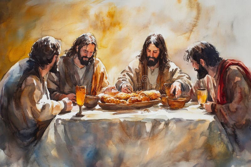 Jesus and His Disciples Breaking Bread Together at the Table. the ...