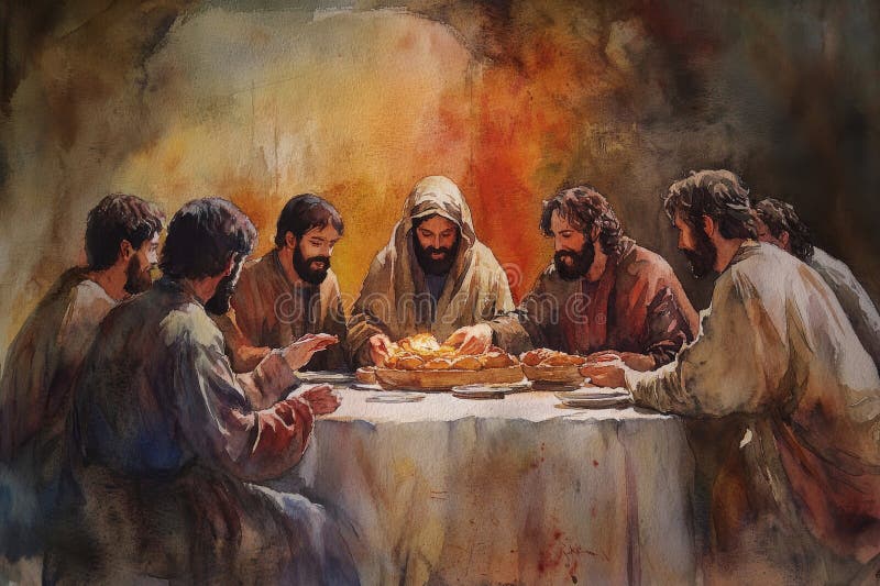Jesus and His Disciples Breaking Bread Together at the Table. the ...