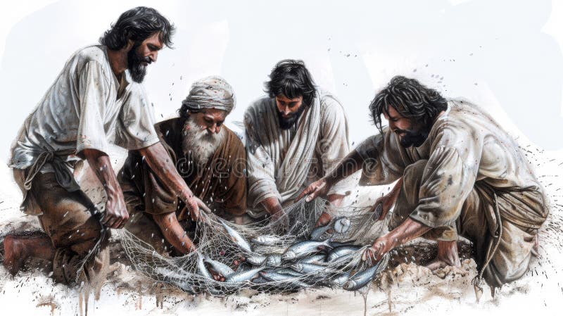 Jesus and His Disciples Working Together To Clean the Fish from Their ...