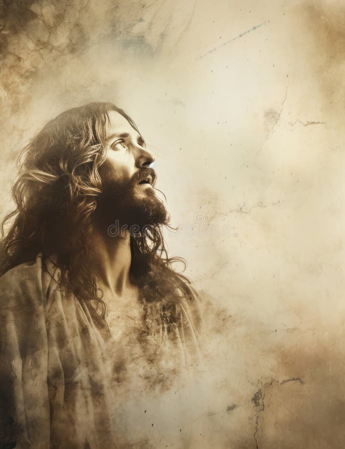 Jesus with Long Hair and Beard Looking Up in the Air Stock Illustration ...
