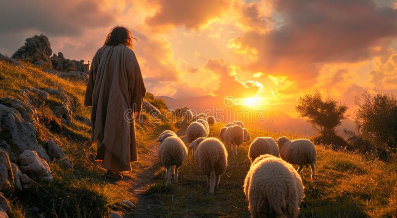 Jesus Looking at His Sheep on Sunset Stock Illustration - Illustration ...
