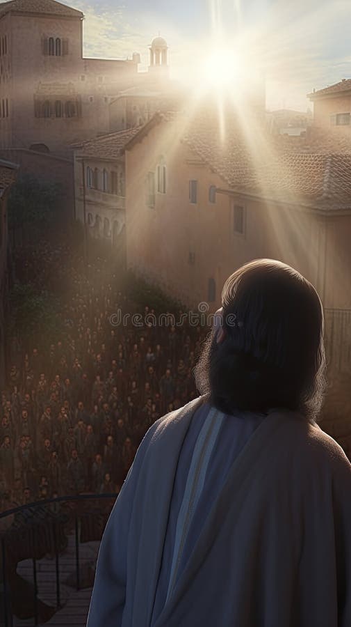 Jesus Looks at the City in the Rays of the Bright Sun Stock ...
