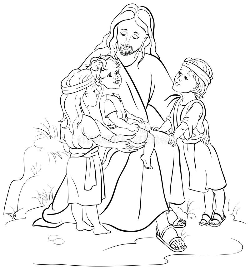 Jesus med barn Färga sidan vektor illustrationer. Illustration av folk ...