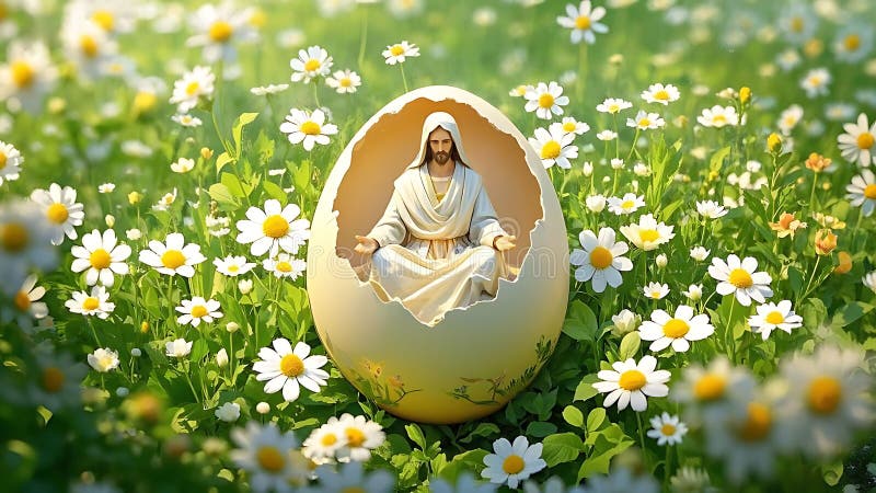 Jesus Meditating Inside a Cracked Easter Egg in a Field of Daisies on a ...