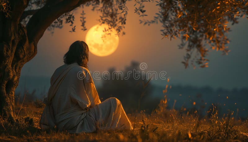 Jesus Praying in Gethsemane Together an Olive Tree a Night with Full ...