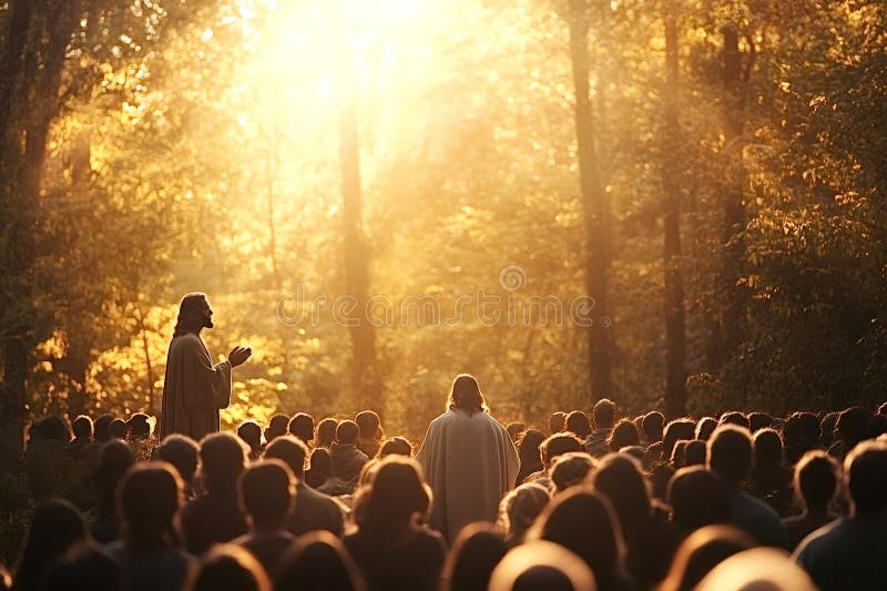 Jesus Christ Praying in Forest with Disciples Listening during Golden ...