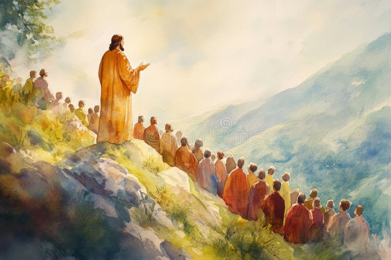 Jesus Preaching on a Mountaintop, with Crowds Gathered Below. the ...