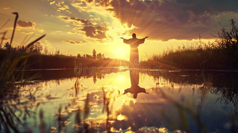 Jesus Reflection Visible in a Still Pond at Sunset Stock Illustration ...
