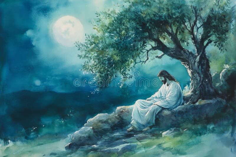 Jesus Resting Under an Olive Tree in the Garden of Gethsemane ...