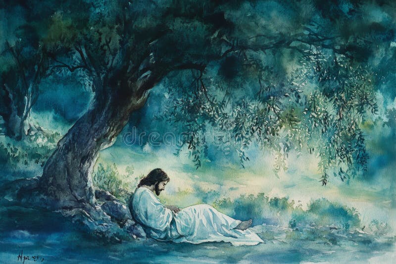 Jesus Resting Under an Olive Tree in the Garden of Gethsemane ...