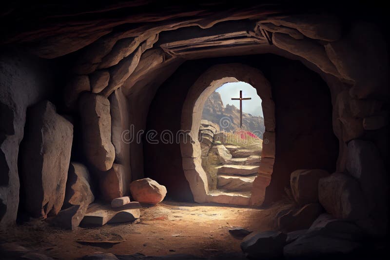 Jesus is Risen, Illustration of an Empty Tomb from Inside, with a Cross ...
