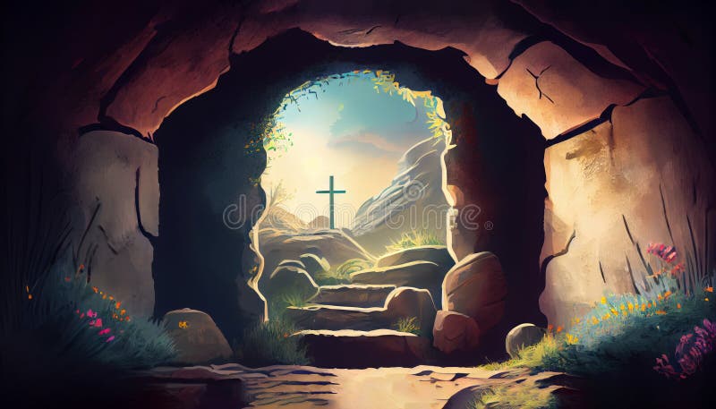 Jesus is Risen, Illustration of an Empty Tomb from Inside, with a Cross ...
