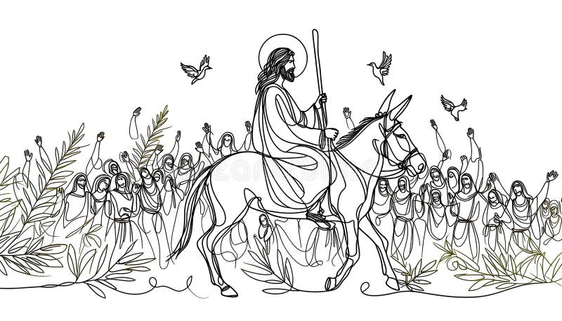 Jesus Triumphal Entry in Continuous Line Art: Donkey and Cheering Crowd ...