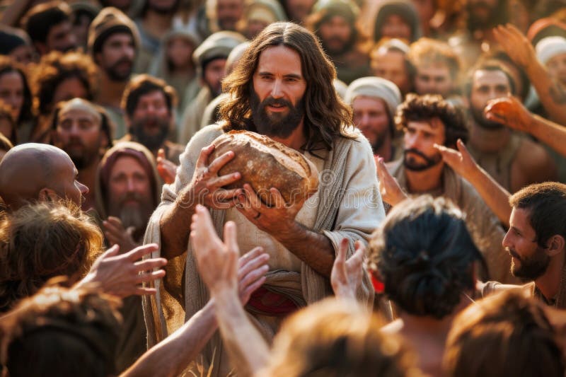 Jesus Sharing Bread with the Crowd Stock Illustration - Illustration of ...