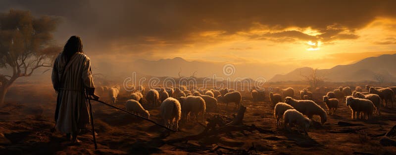 Jesus shepherd with flock stock image. Image of outdoors - 290740357