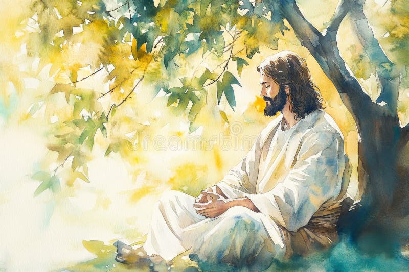 Jesus Sitting Peacefully Under a Fig Tree, His Hands Resting on His Lap ...