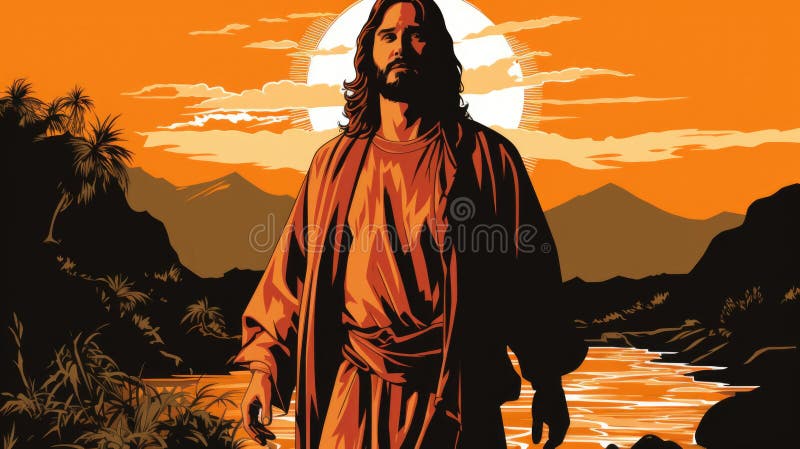 Jesus is Standing in Front of a River with Mountains in the Background ...