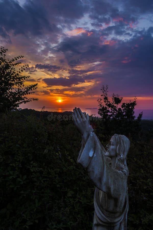 Jesus Statue at a Beautiful Sunset at Corfu, Greece Stock Image - Image ...