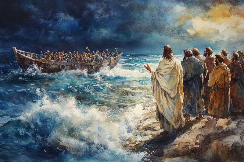 Jesus Teaching the Multitudes by the Shore, with a Boat in the ...