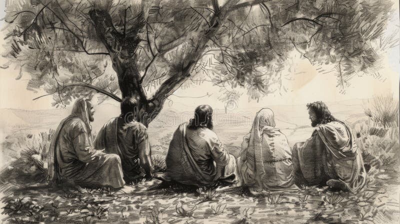 Jesus Teaching To His Disciples Under Olive Tree. Generative AI. Stock ...