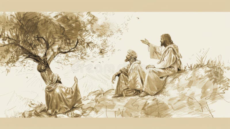 Jesus Teaching To His Disciples Under Olive Tree. Generative AI. Stock ...