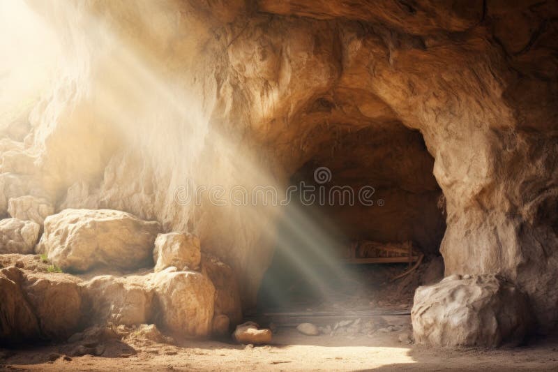 Jesus Tomb Stone Rolled Away Light Inside, Cave Stock Illustration ...