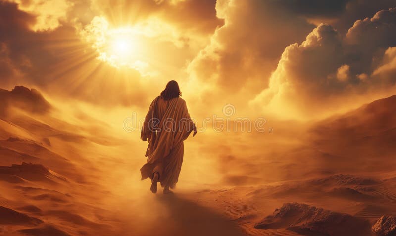 Jesus Walking in Desert at Sunset with Dramatic Clouds and Golden Light ...