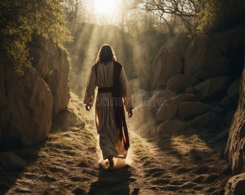 Jesus Walking on a Path Surrounded by Trees and Stones with Sun Rays ...