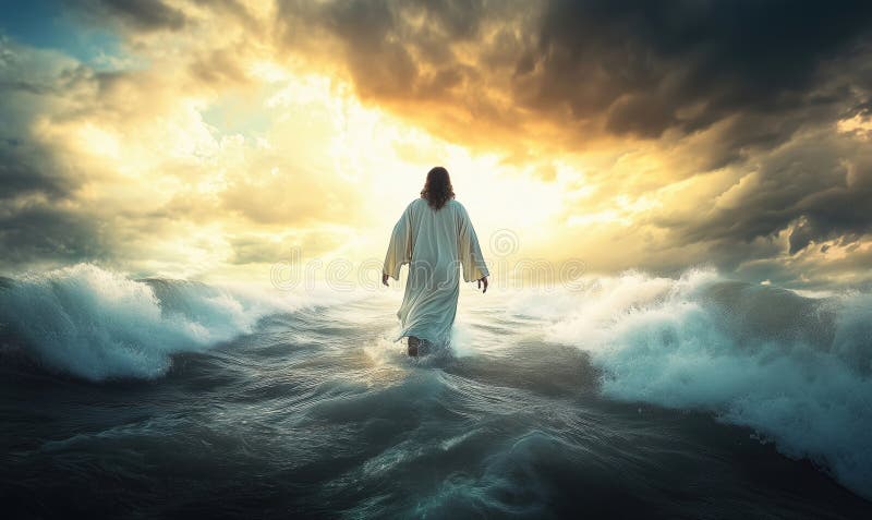 Jesus Walking Water Dramatic Sunset Turbulent Waves Stock Photos - Free ...