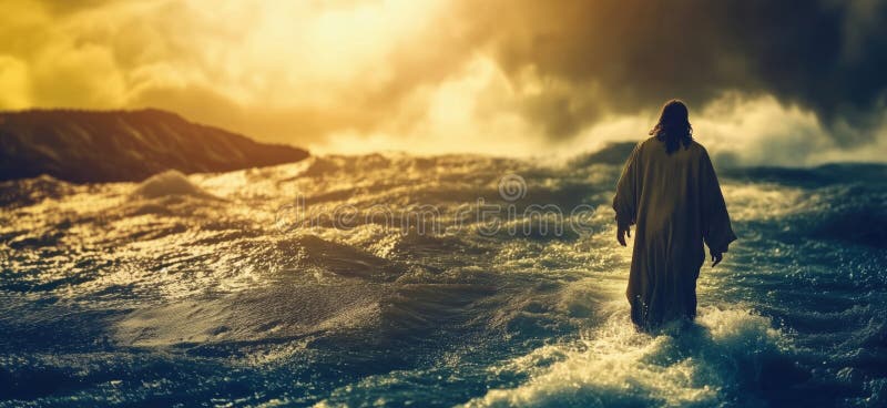 Jesus Walking on Water during a Dramatic Sunset with Turbulent Waves ...