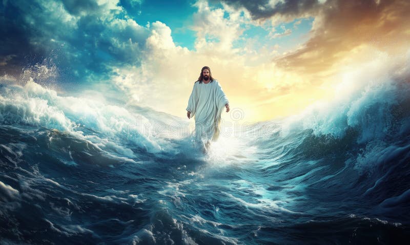 Jesus Walking on Water during a Dramatic Sunset with Turbulent Waves ...