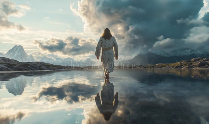 Jesus Walking on Water with Mountains and Dramatic Clouds in the ...
