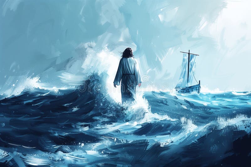 Jesus Walks on Water and Calms the Sea As in Bible Stock Illustration ...
