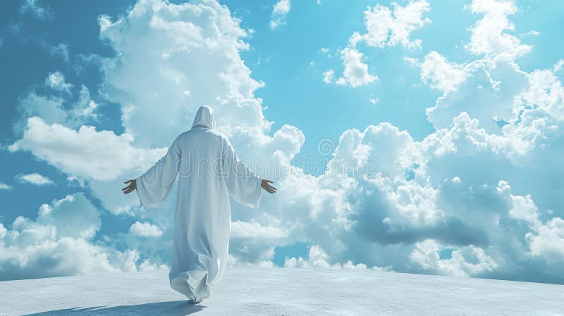 Jesus in a White Robe with Open Arms Beneath a Dramatic Cloudy Sky in ...