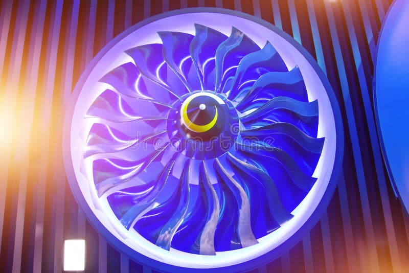 Jet Aircraft Engine and Blades Illuminated with Blue Neon Lights Stock ...