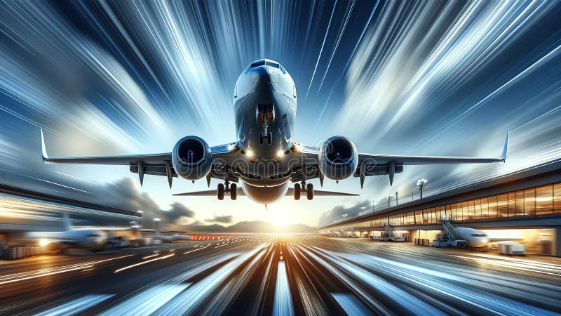 Jet Airliner Accelerating on Runway at Dusk Stock Photo - Image of ...