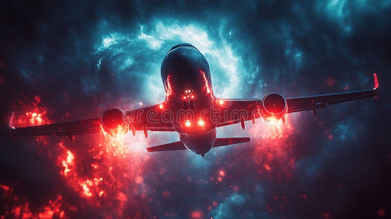 A Jet Airliner Dramatically Viewed from Below, Illuminated by Intense ...