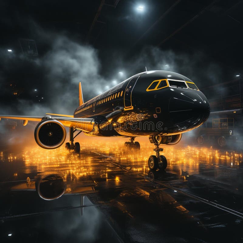 Jet Airliner on Illuminated Runway at Night, Illuminated by Bright ...