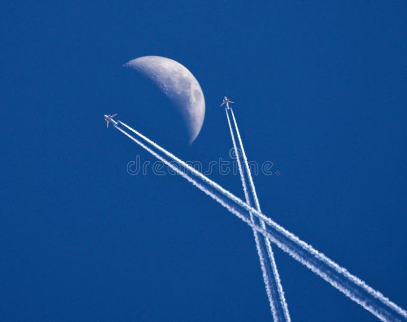 Jet Airliners Flying Past the Moon Stock Photo - Image of airlines ...