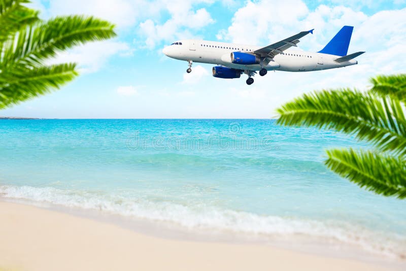 Jet Airplane Landing Over The Sea Beach. Stock Image - Image of ...