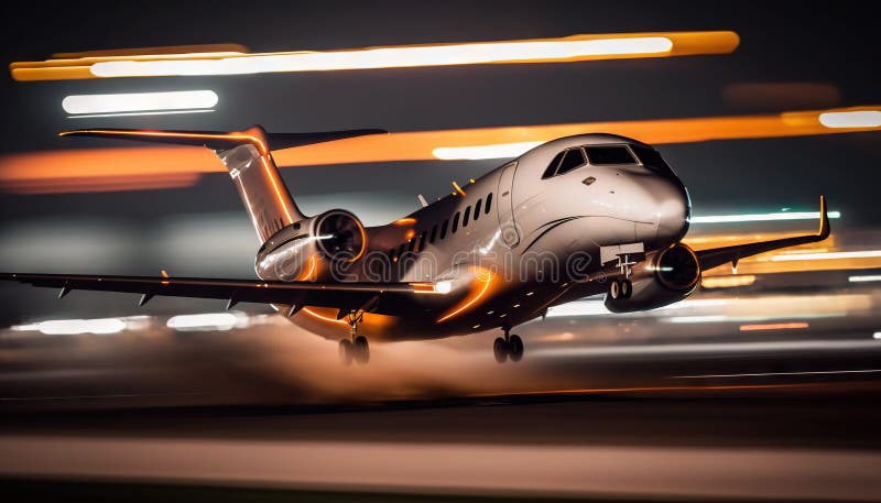 A Jet Airplane Taking Off from an Airport Runway at Night Stock ...