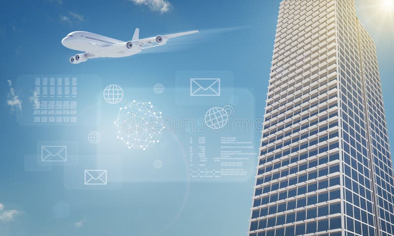 Jet with Building and Icons Stock Illustration - Illustration of clouds ...